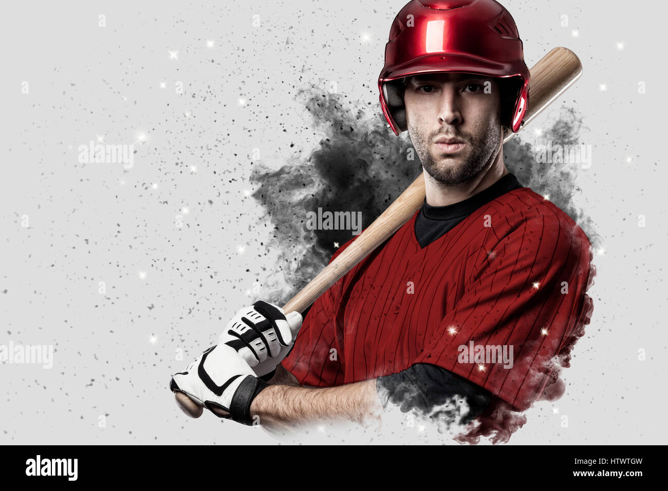 Baseball Player with a red uniform coming out of a blast of smoke Stock ...
