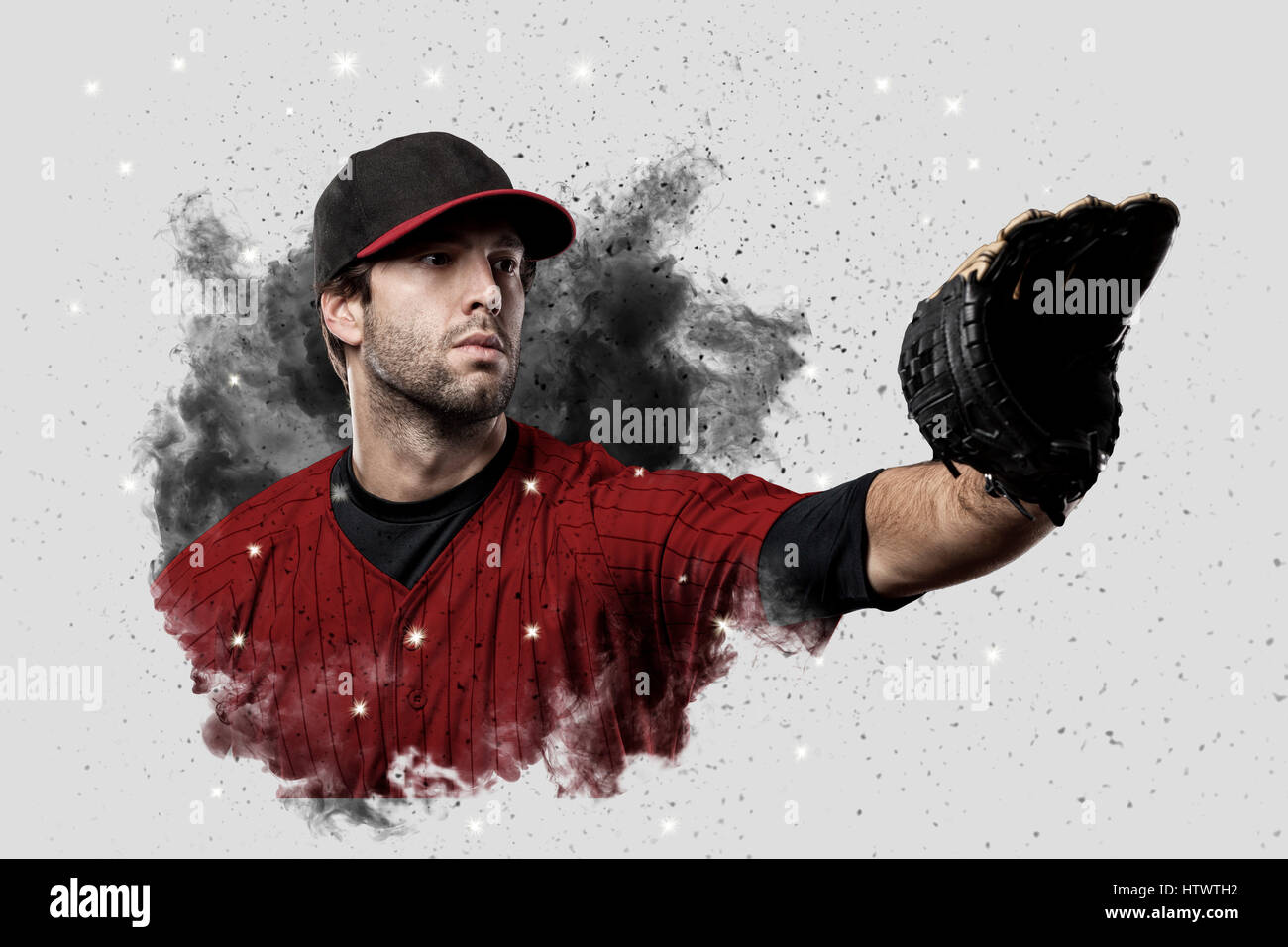Baseball Player with a red uniform coming out of a blast of smoke Stock ...