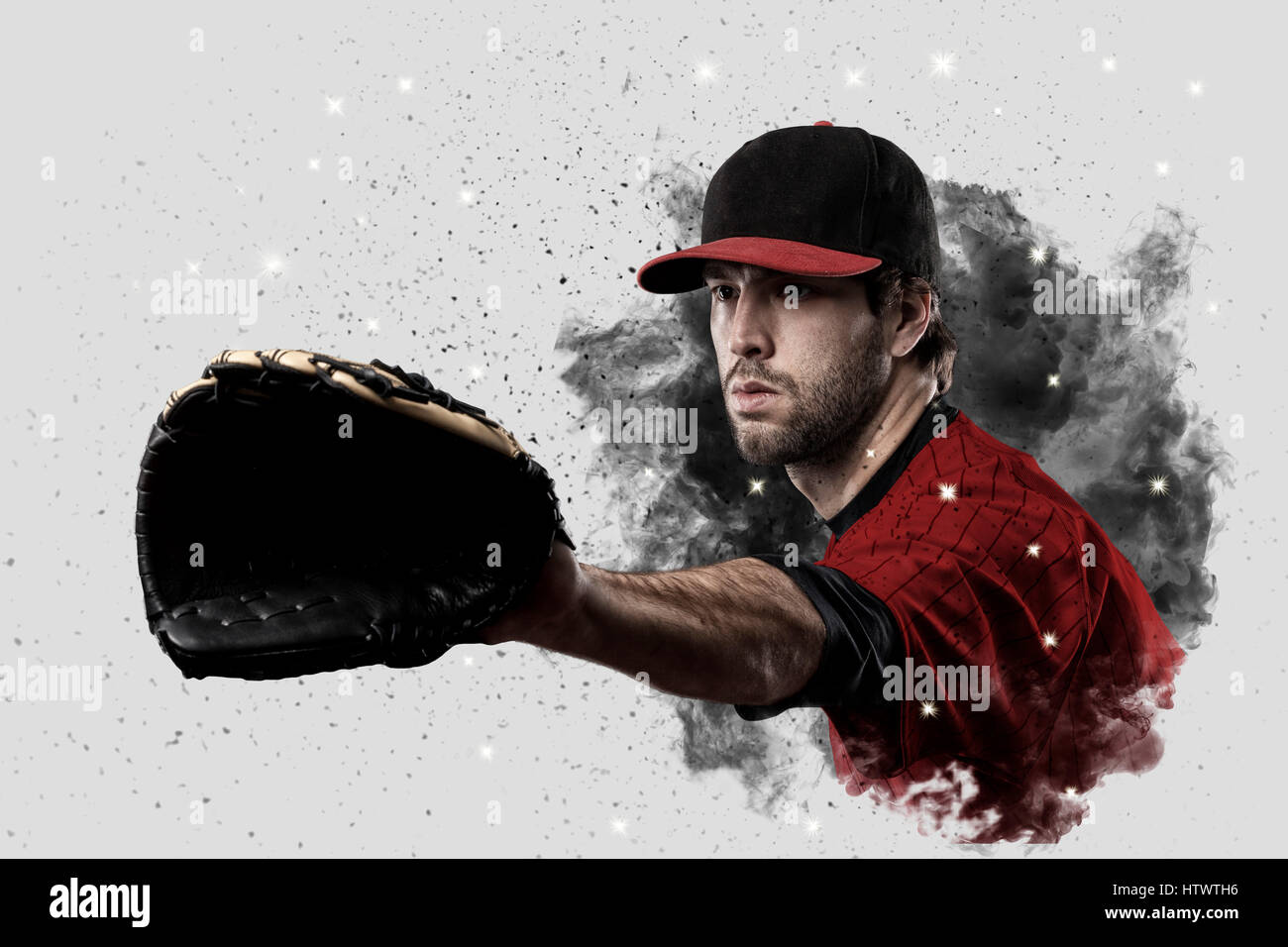 Baseball Player with a red uniform coming out of a blast of smoke Stock ...