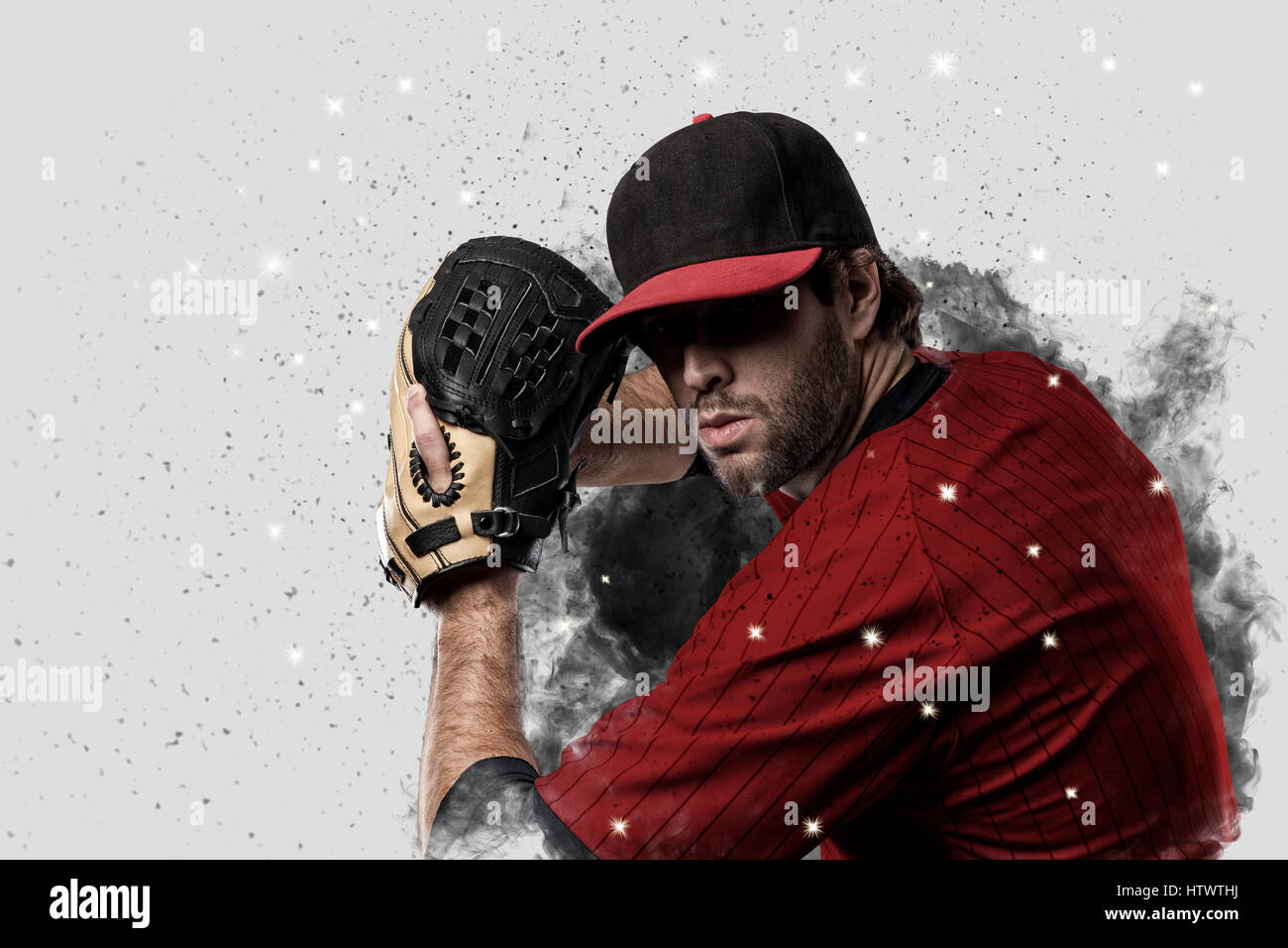 Baseball Player with a red uniform coming out of a blast of smoke Stock ...