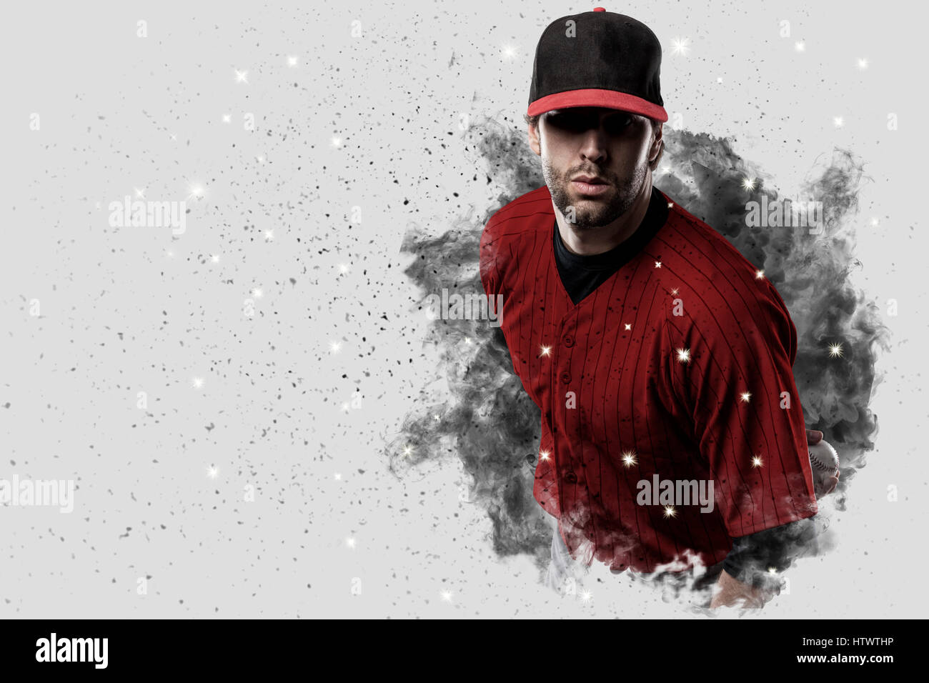 Pitcher Baseball Player with a red uniform coming out of a blast of ...