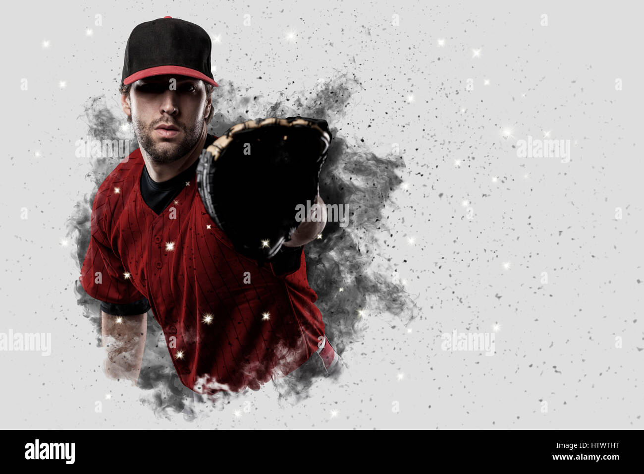 Baseball Player with a red uniform coming out of a blast of smoke Stock ...