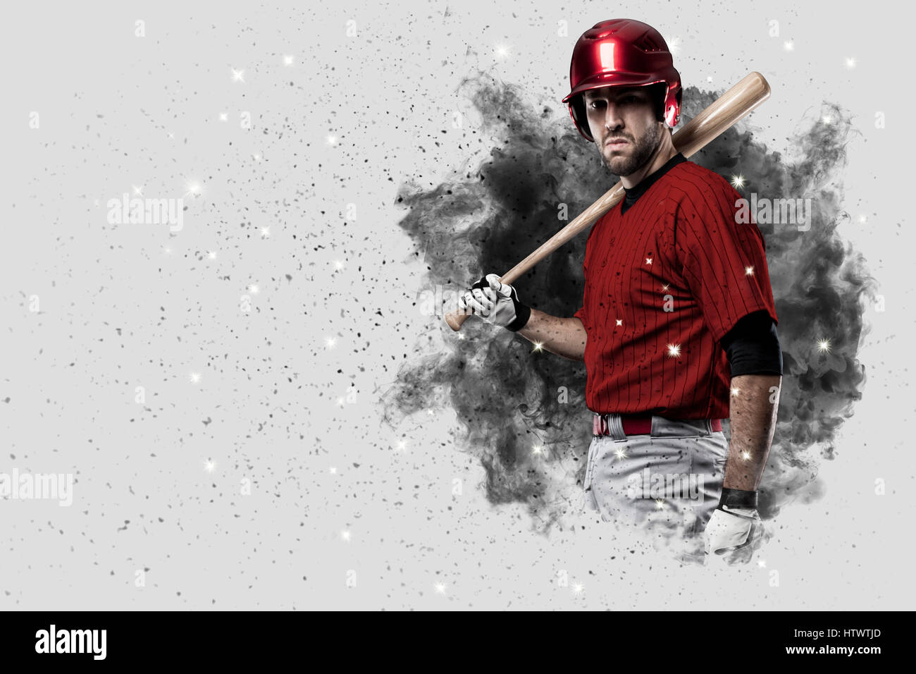 Baseball Player with a red uniform coming out of a blast of smoke Stock ...