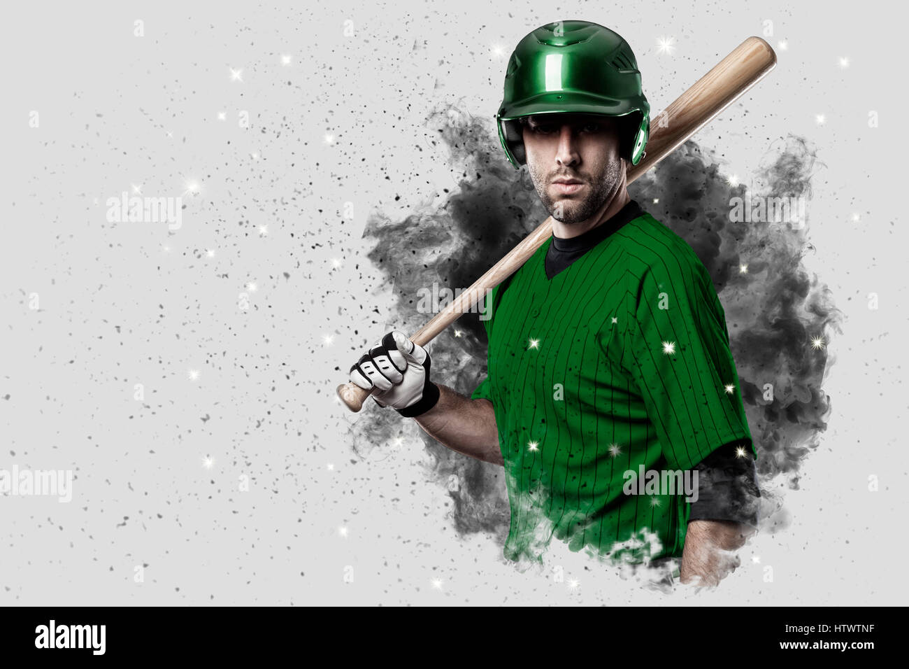 Baseball Player with a green uniform coming out of a blast of smoke ...