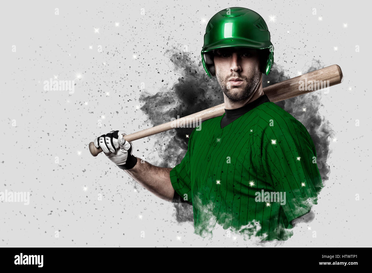 Baseball Player with a green uniform coming out of a blast of smoke ...