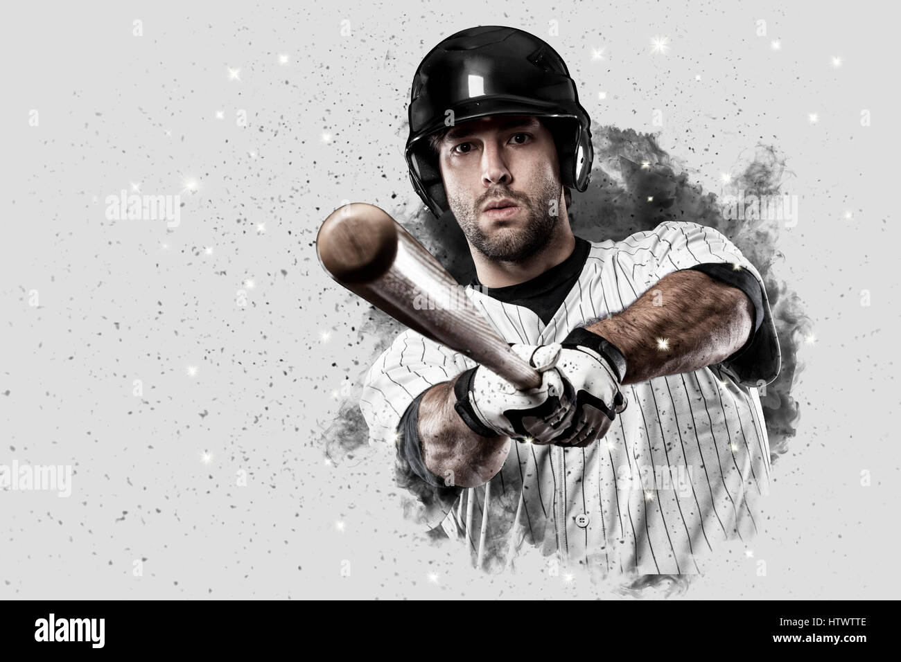 Baseball Player with a white uniform coming out of a blast of smoke ...