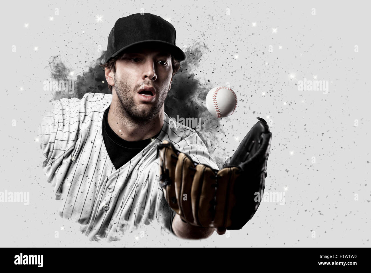 Baseball Player with a white uniform coming out of a blast of smoke ...