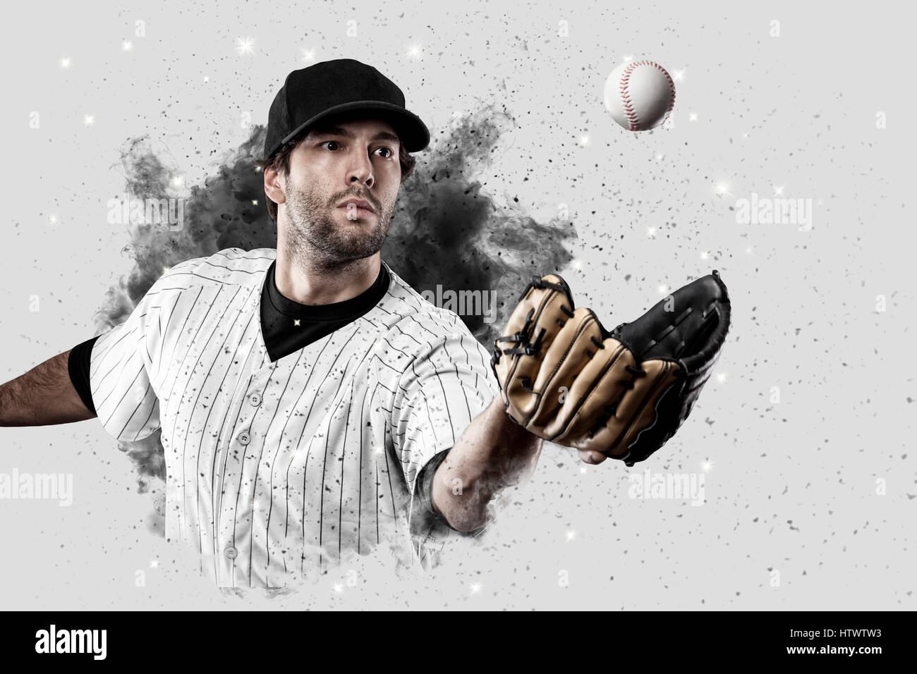 Baseball Player with a white uniform coming out of a blast of smoke ...