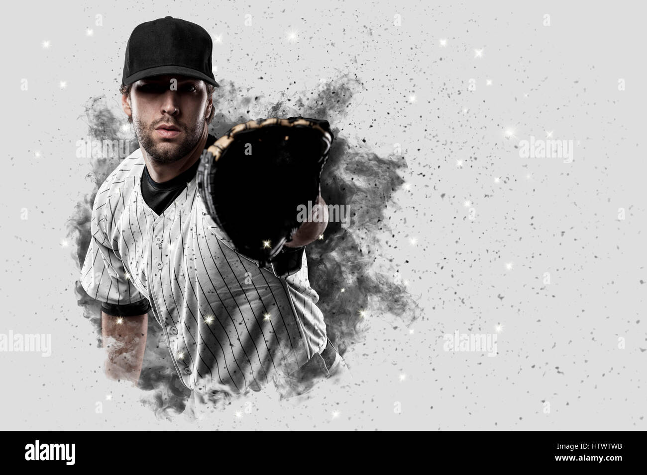 Baseball Player with a white uniform coming out of a blast of smoke ...