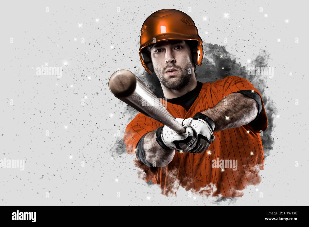 Baseball Player with a orange uniform coming out of a blast of smoke ...