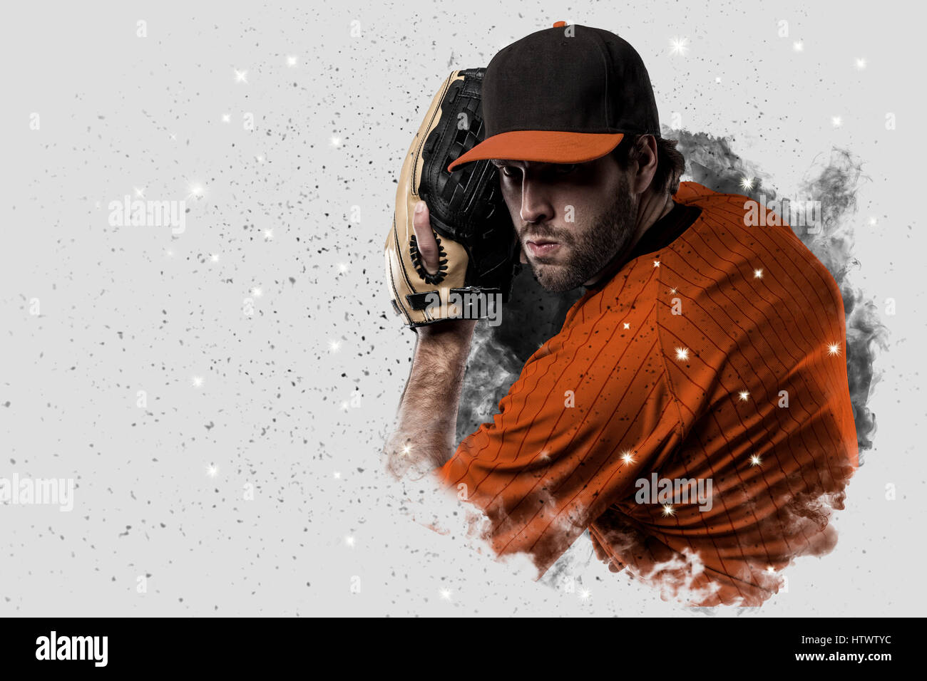 Pitcher Baseball Player with a orange uniform coming out of a blast of ...