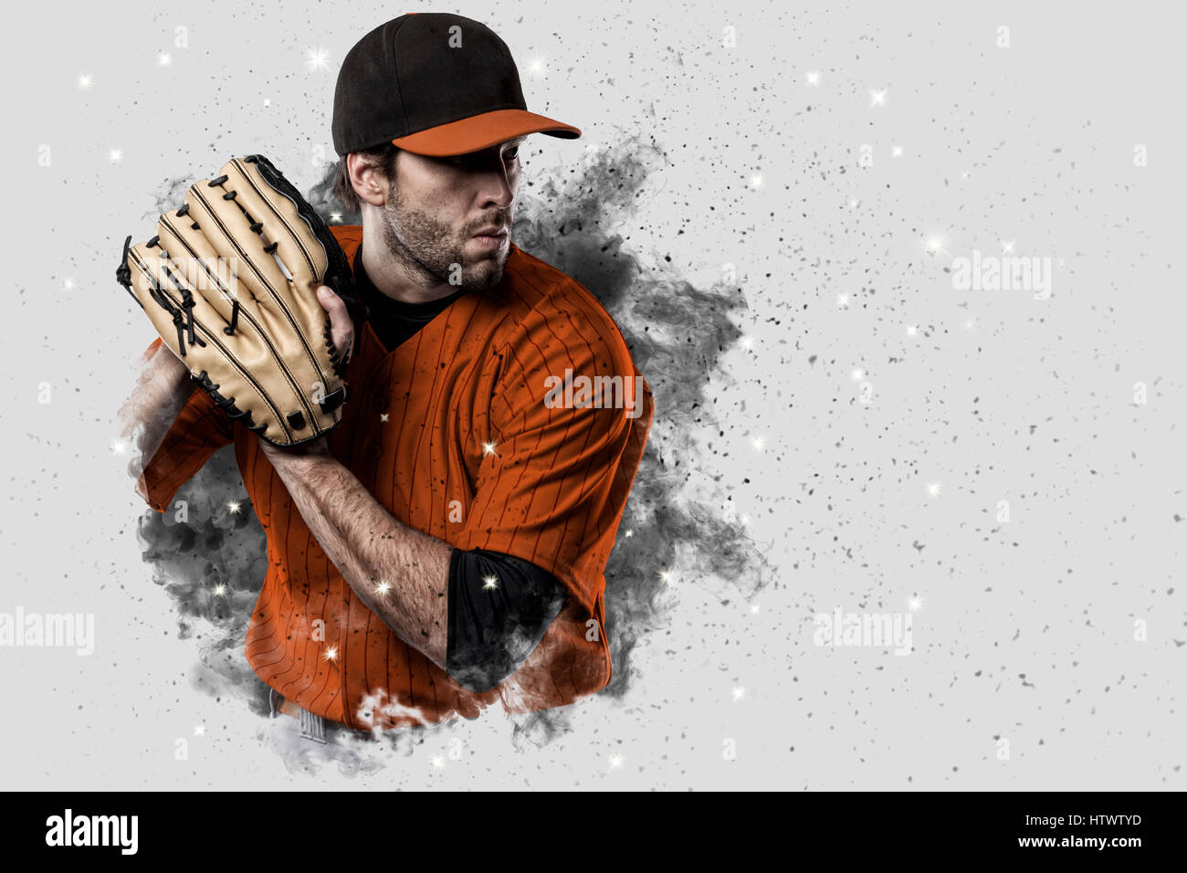 Pitcher Baseball Player with a orange uniform coming out of a blast of ...