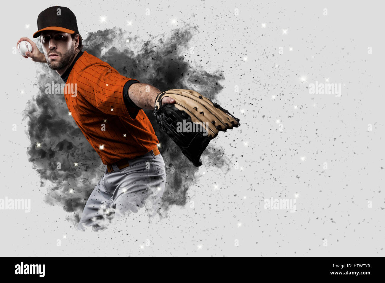 Pitcher Baseball Player with a orange uniform coming out of a blast of ...