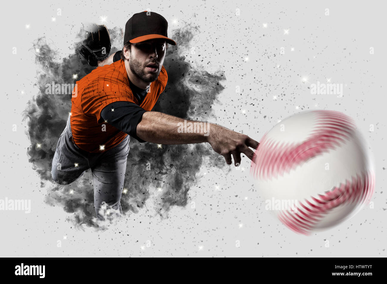 Pitcher Baseball Player with a orange uniform coming out of a blast of ...