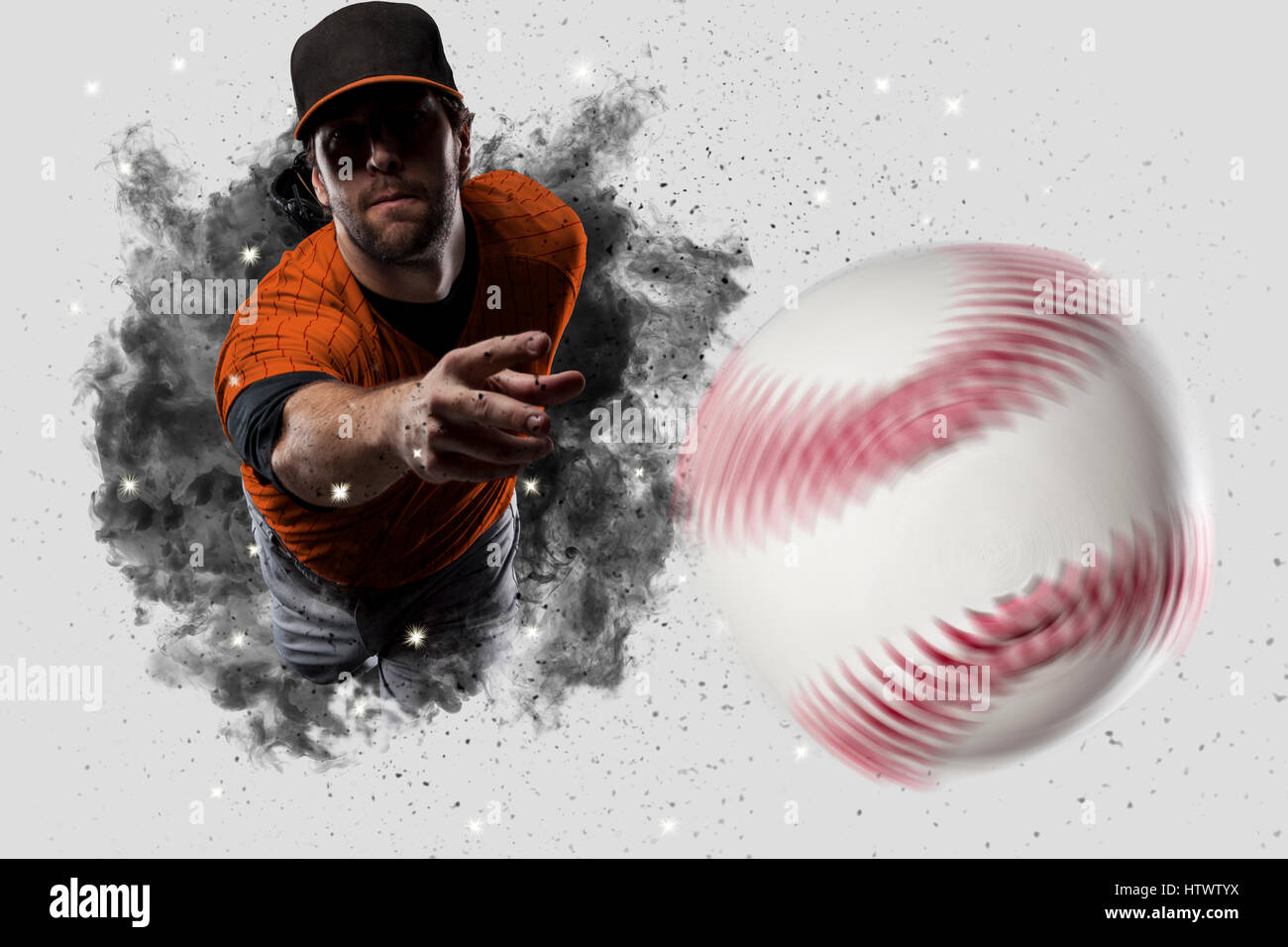 Pitcher Baseball Player with a orange uniform coming out of a blast of ...
