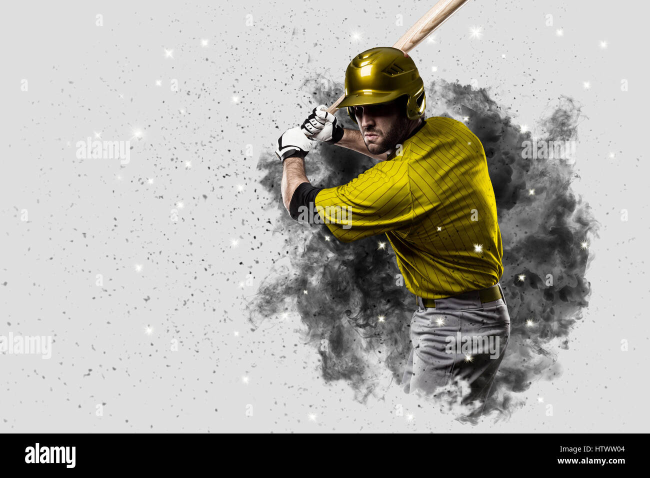 Baseball Player with a yellow uniform coming out of a blast of smoke ...
