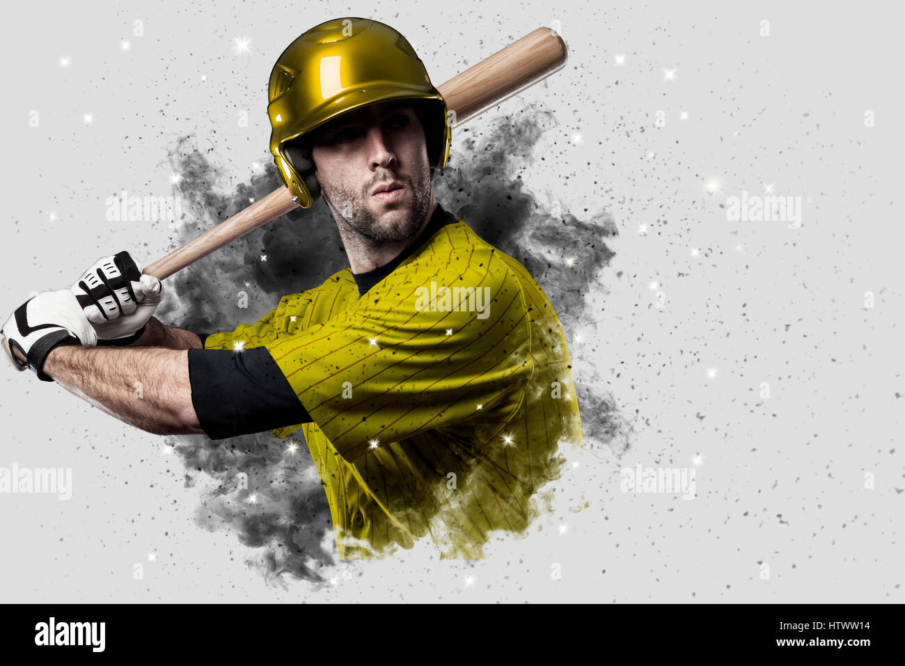 Baseball Player with a yellow uniform coming out of a blast of smoke ...