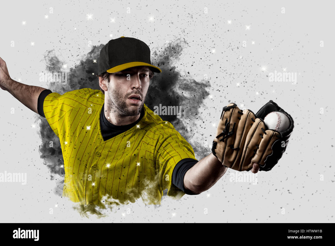 Baseball Player with a yellow uniform coming out of a blast of smoke ...