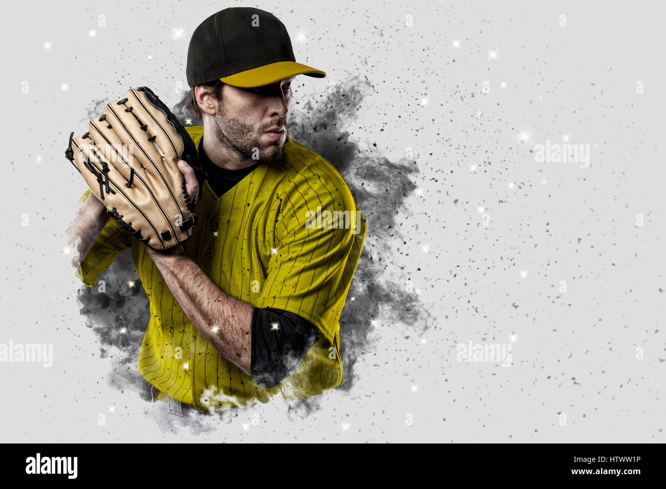 Pitcher Baseball Player with a yellow uniform coming out of a blast of ...