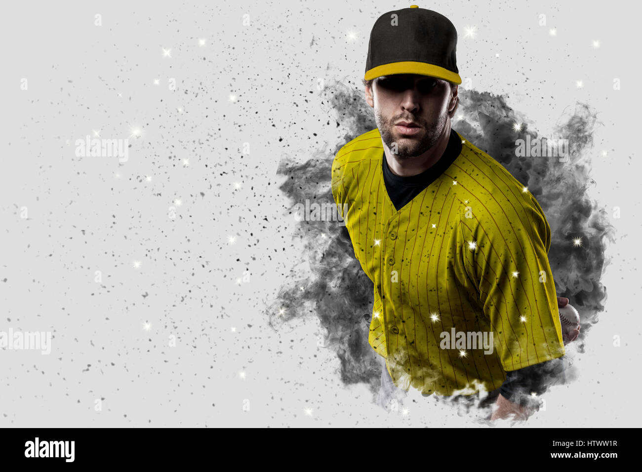 Pitcher Baseball Player with a yellow uniform coming out of a blast of ...