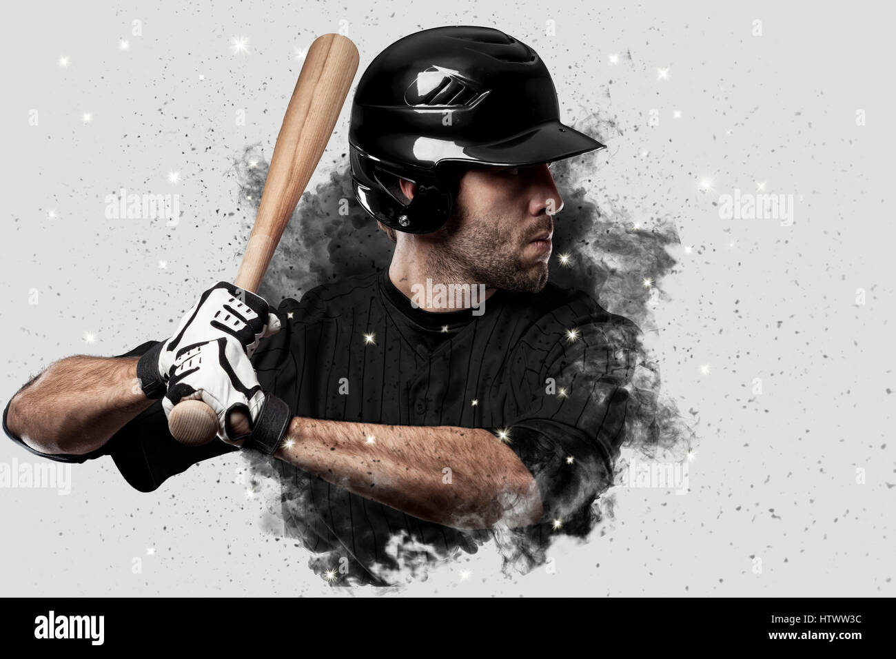 Baseball Player with a black uniform coming out of a blast of smoke ...