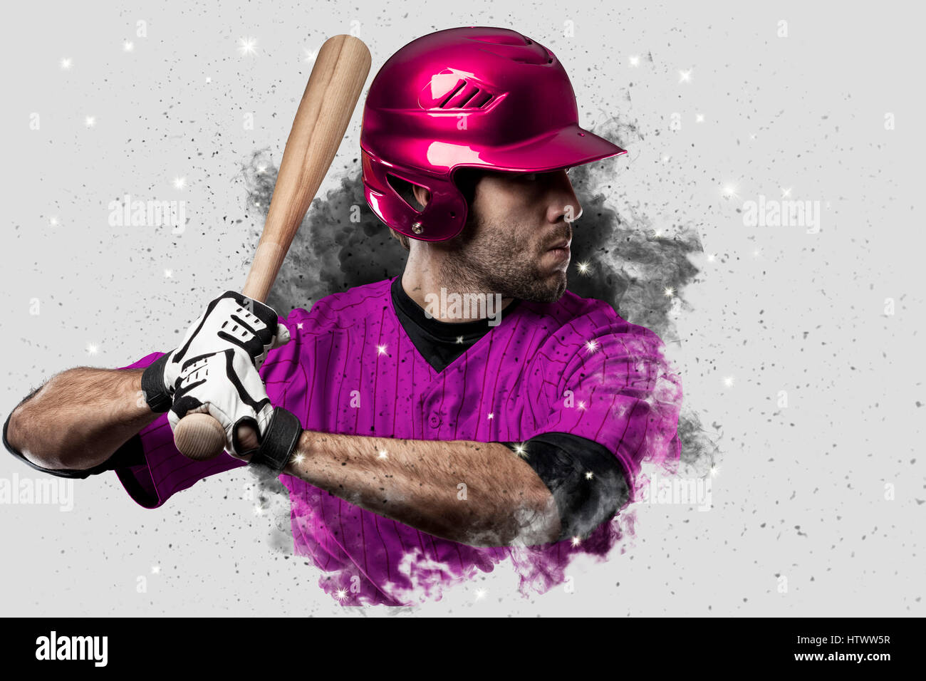 Baseball Player with a pink uniform coming out of a blast of smoke ...