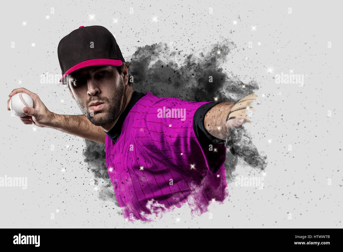 Baseball Player with a pink uniform coming out of a blast of smoke ...