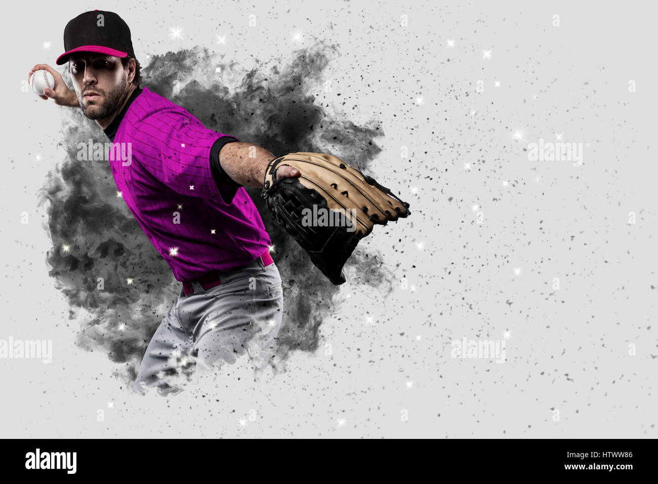 Pitcher Baseball Player with a pink uniform coming out of a blast of ...