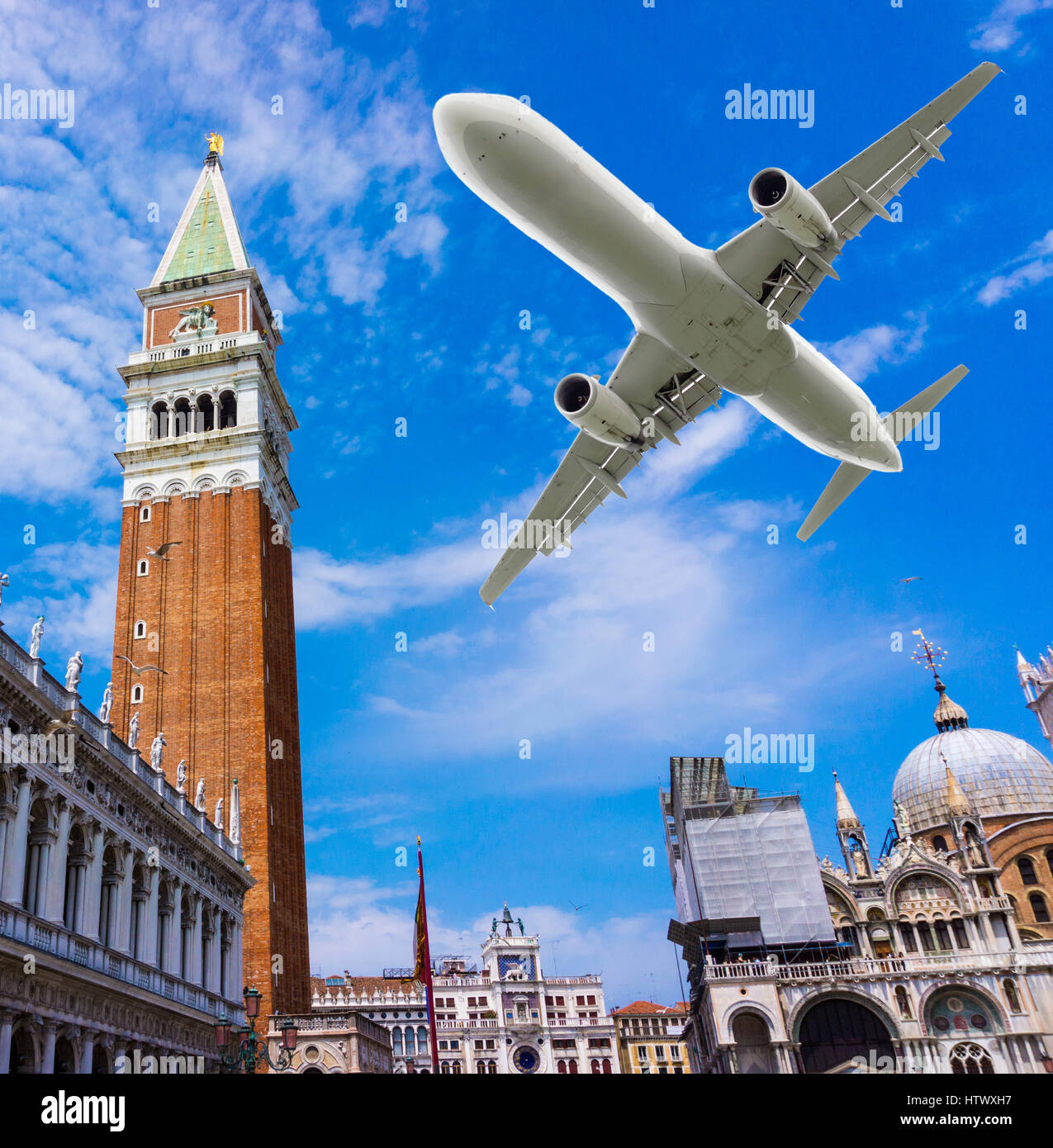 Piazza San Marko in Venice, Italy. San Marko cathedral. plane flying ...