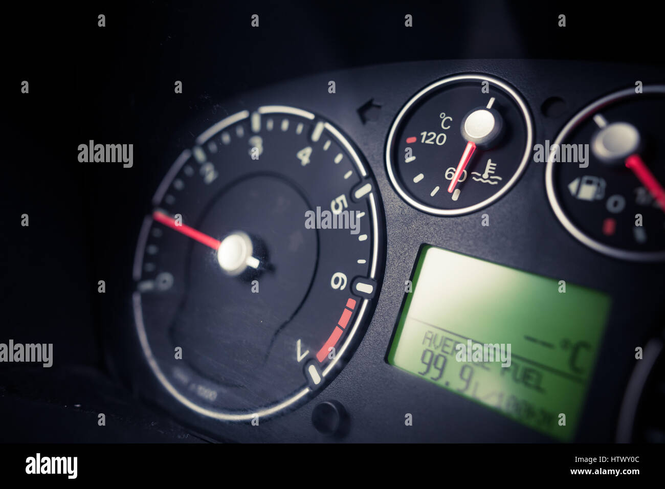 Close up image of a car's dashboard indicating a very high fuel ...