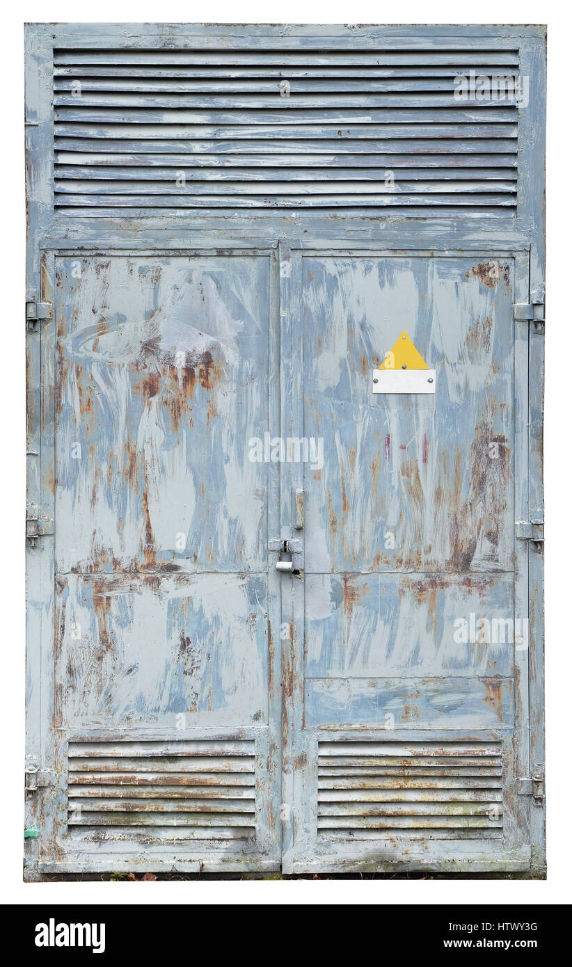 Rusty steel vinage gate are painted with the bare burst blue paint ...