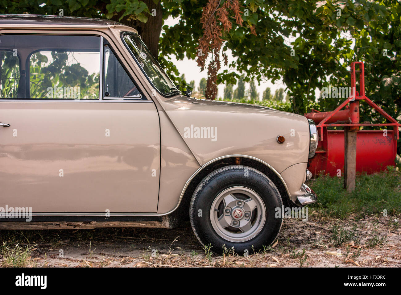 A Mini Minor: a small fully restored vintage subcompact car parked in ...