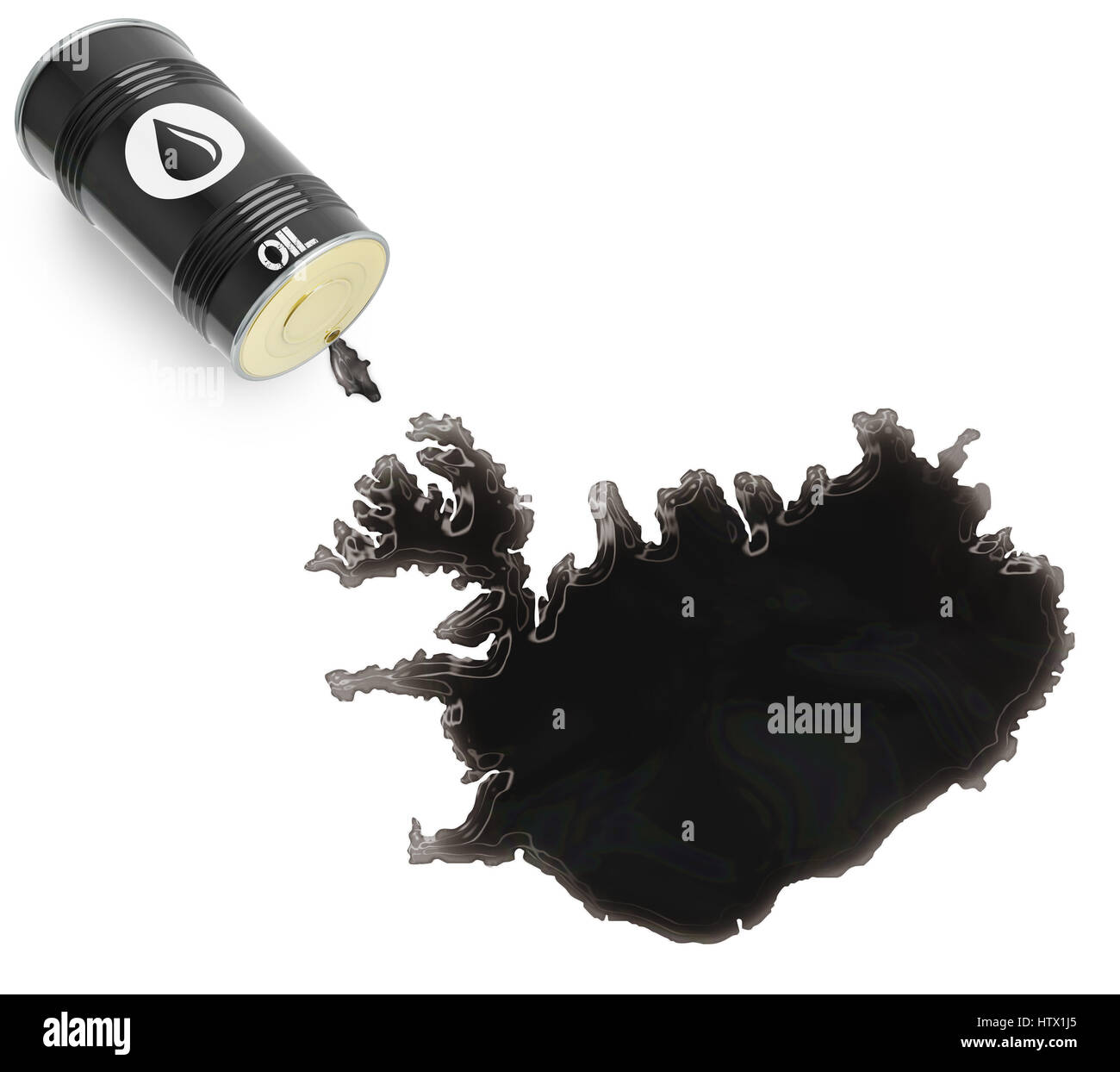 Barrel of oil and a glossy spill in the shape of Iceland (series Stock ...