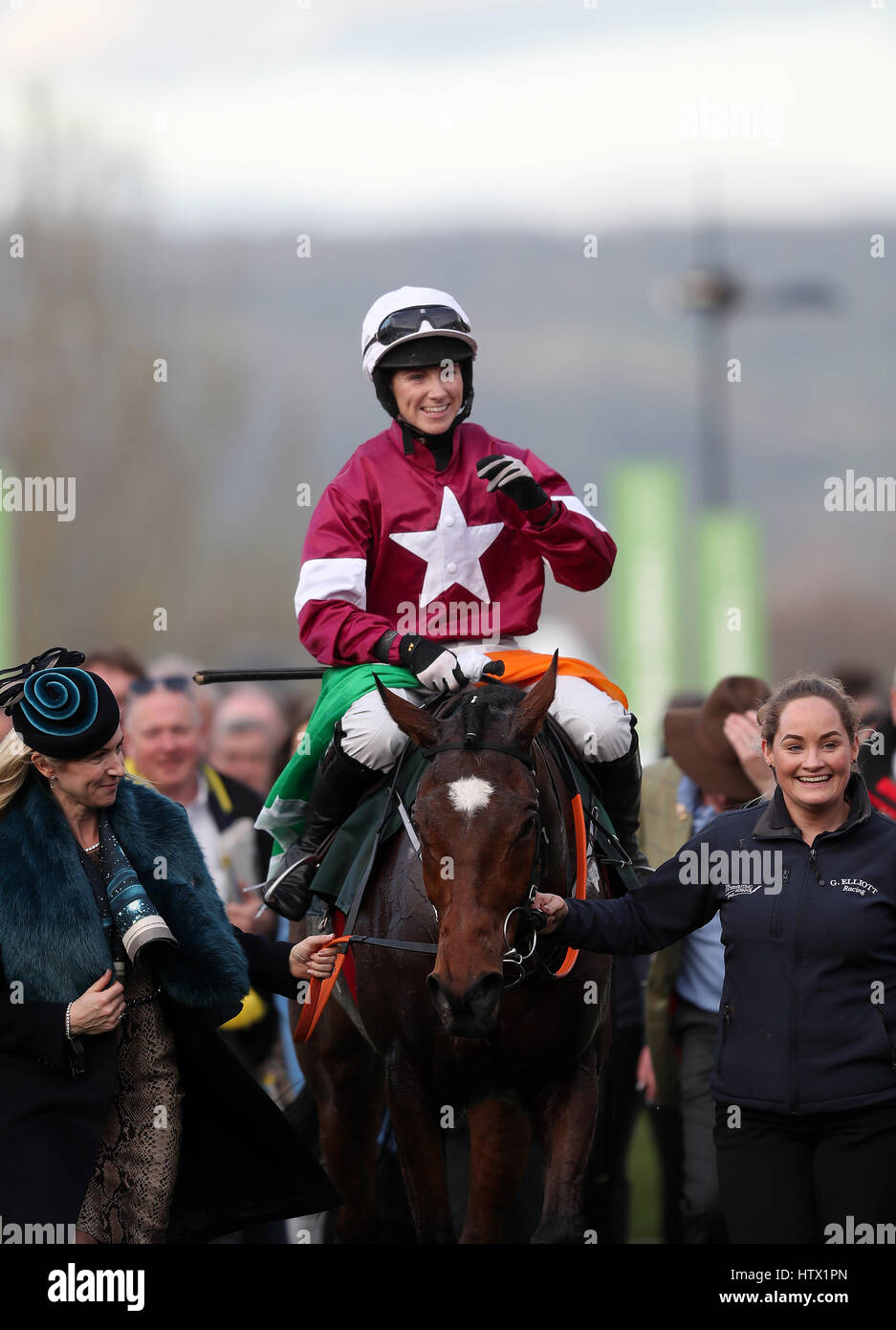 Jockey Lisa O'Neill on board Tiger Roll celebrates winning the 16:50 JT ...