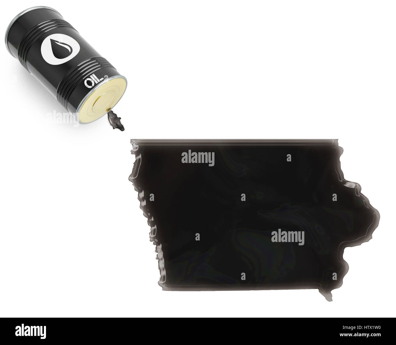 Barrel of oil and a glossy spill in the shape of Iowa (series Stock ...