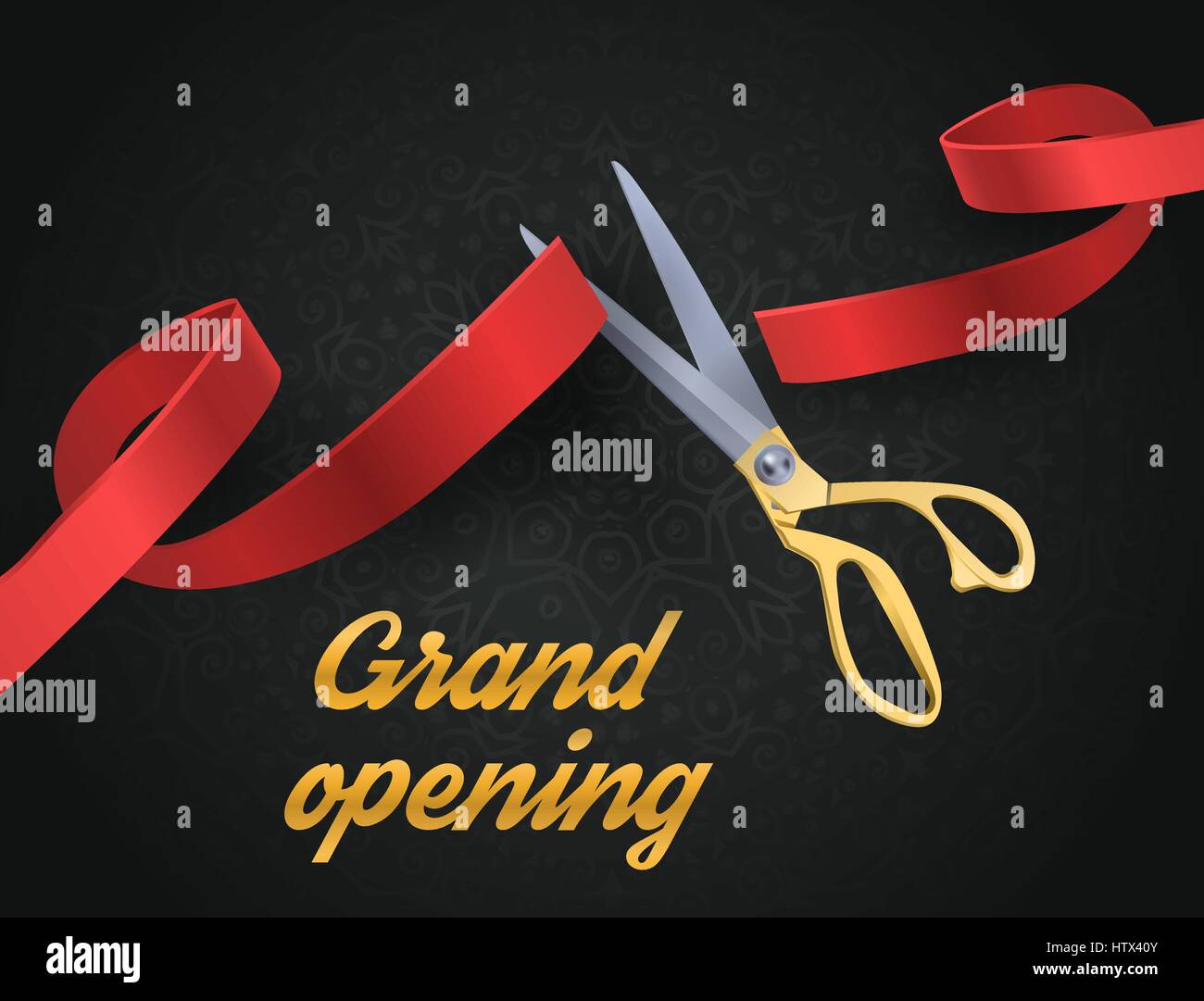 Grand opening illustration with red ribbon and gold scissors isolated ...