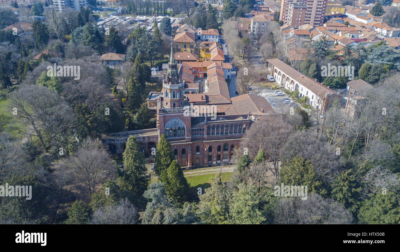 Neo-Gothic tower of Desio, a former Franciscan monastery, panoramic ...