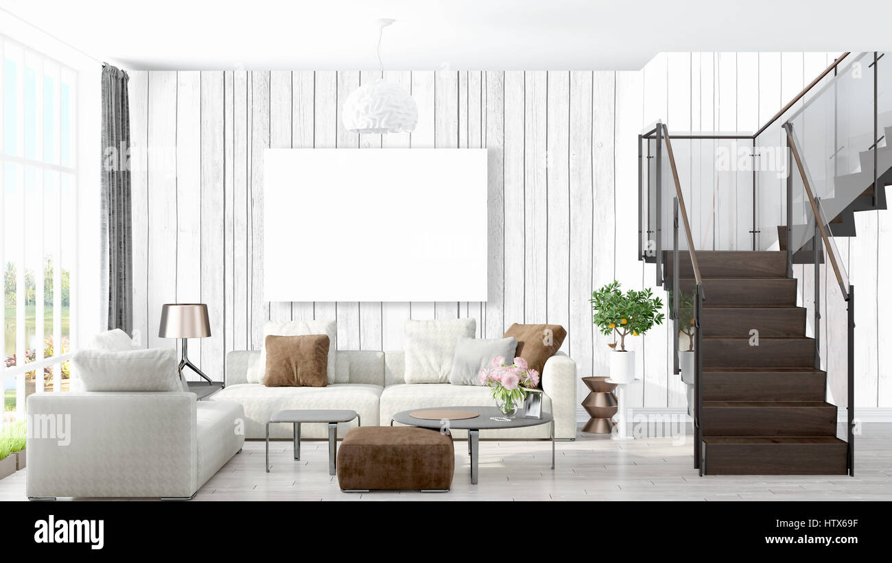 Modern bright interior with empty frame . 3D rendering Stock Photo - Alamy