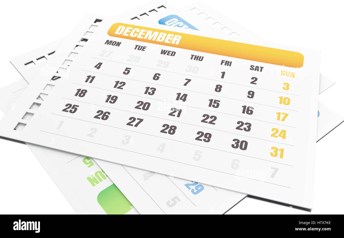 3d illustration. Stack of pages tears off calendar. December calendar ...