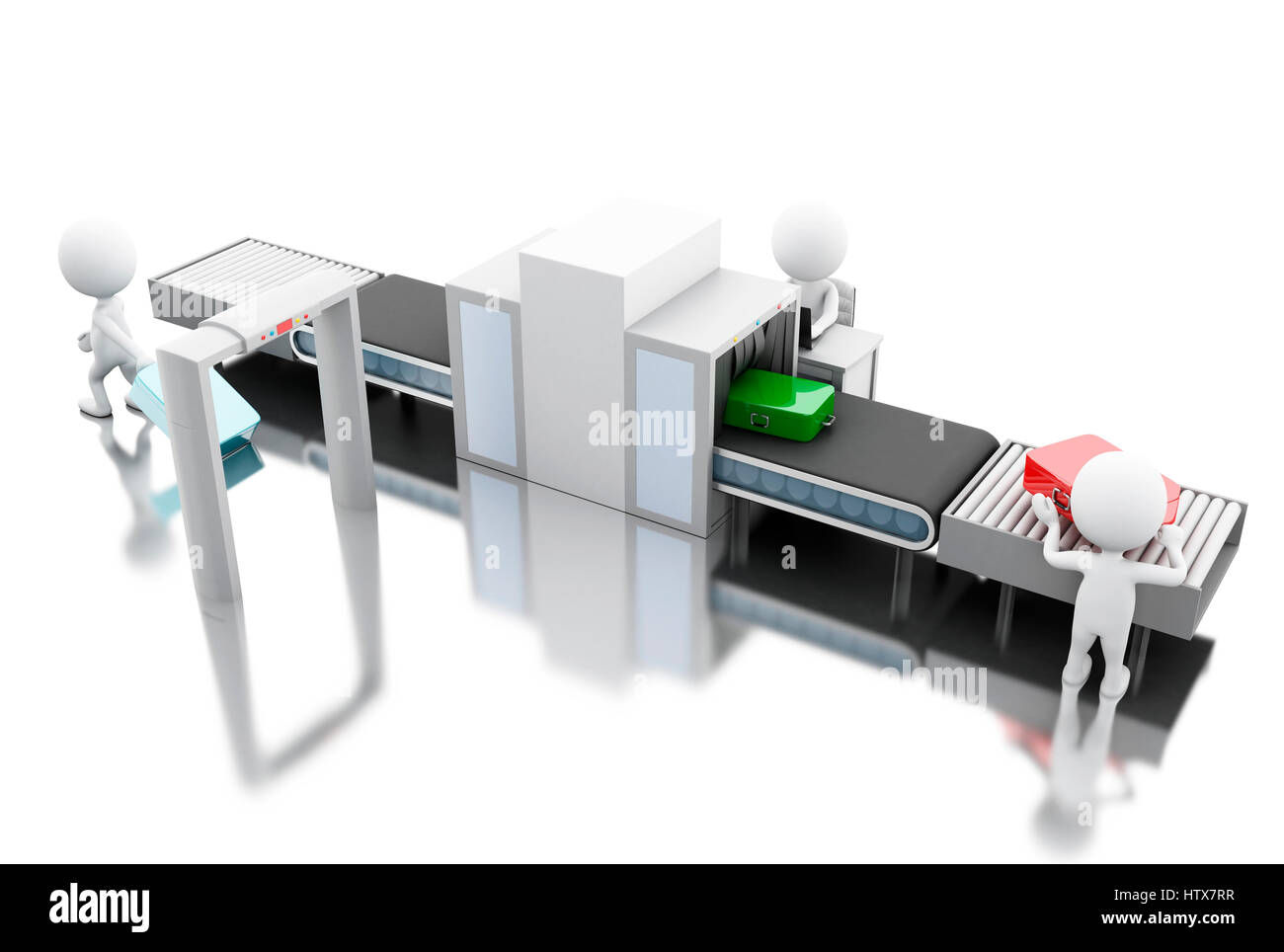3d render illustration. White people with custom scanner at the airport ...
