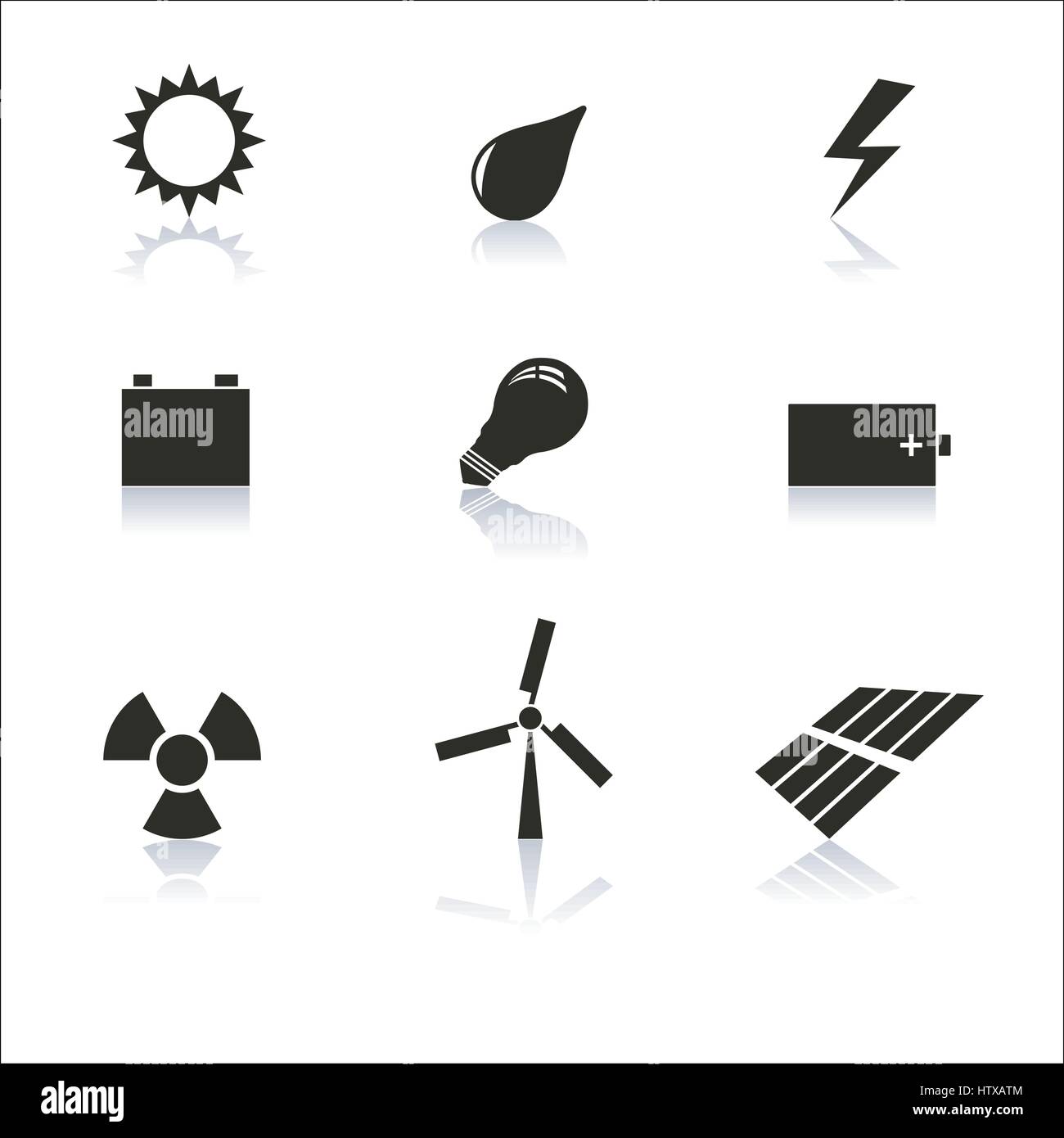 Set energy icons gray with a mirror reflection, vector illustration ...