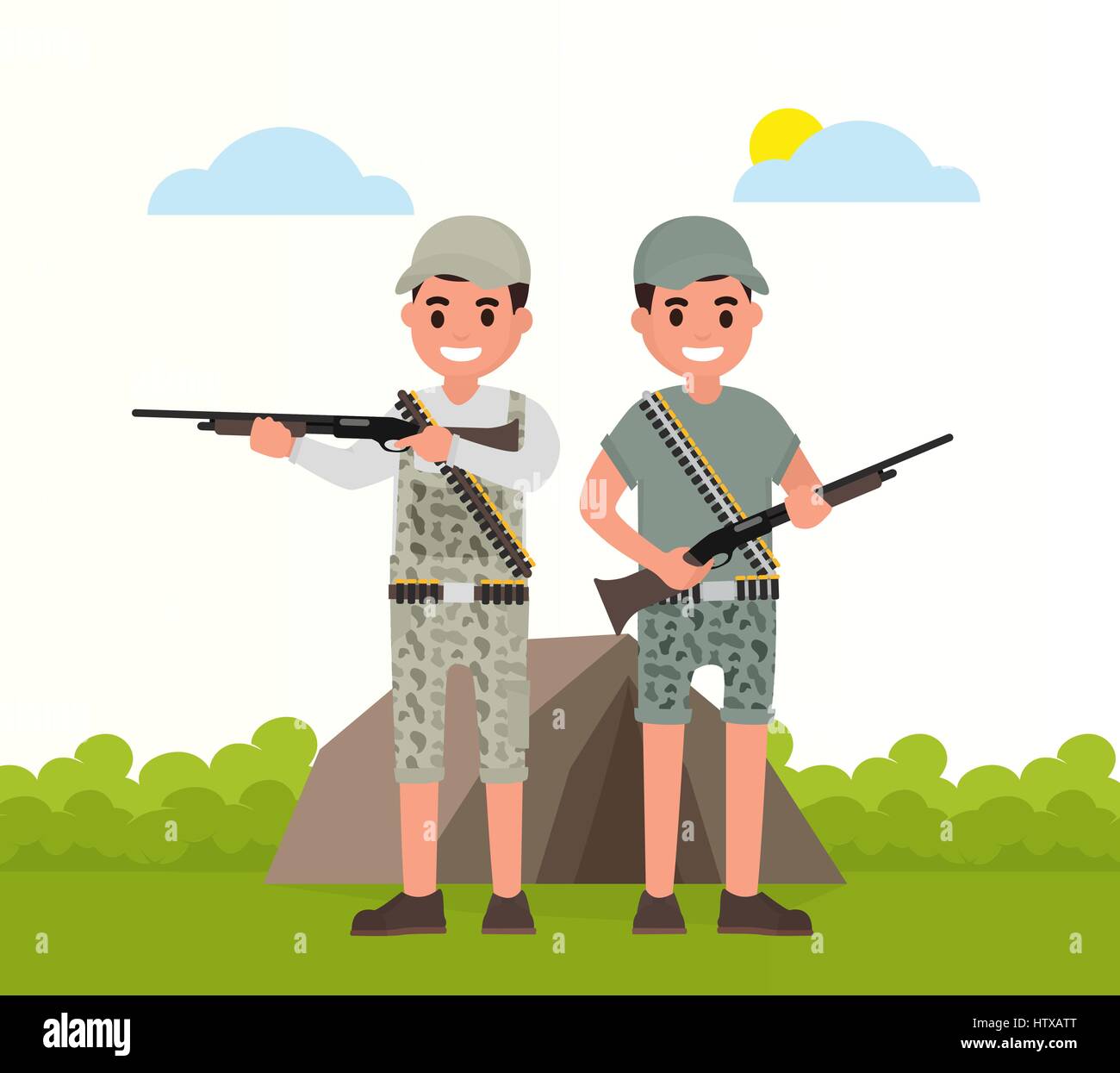 Two happy hunters stand with weapons. Vector huntsman, gamekeeper in ...