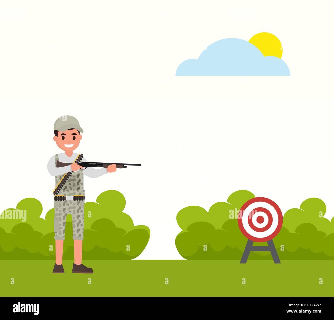 Happy hunter shoots at the target. Vector huntsman, gamekeeper in flat ...