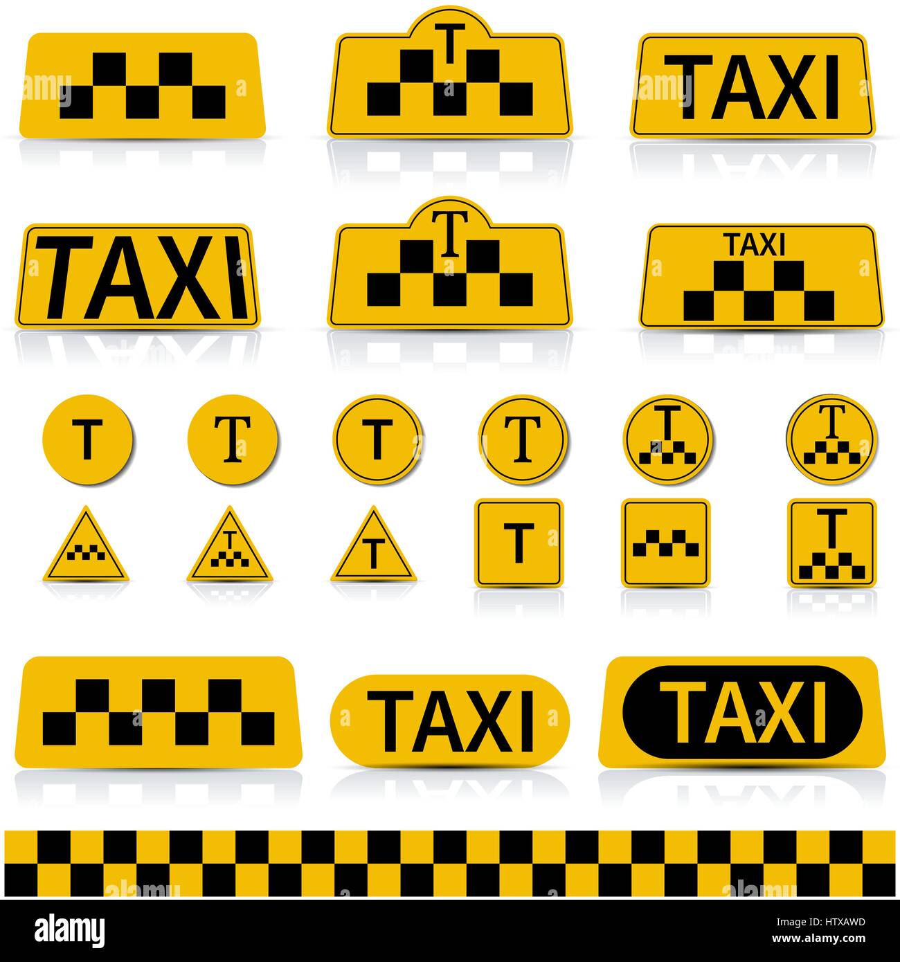 Set of sign and symbols of a taxi with a mirror reflection, vector ...