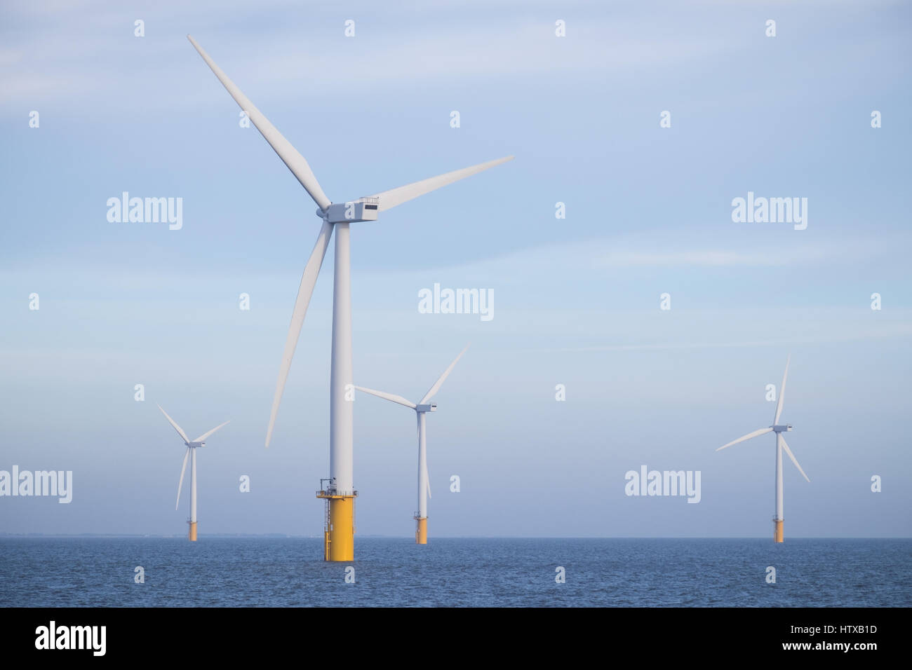 Turbines on the Lincs Offshore Wind Farm, off the coast of Skegness ...