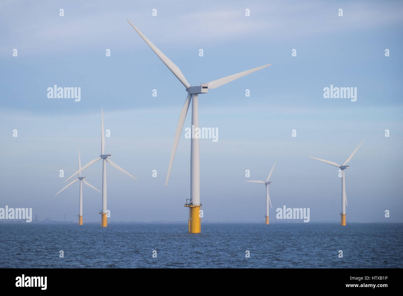 Turbines on the Lincs Offshore Wind Farm, off the coast of Skegness ...