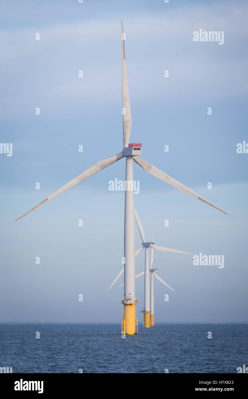 Turbines on the Lincs Offshore Wind Farm, off the coast of Skegness ...