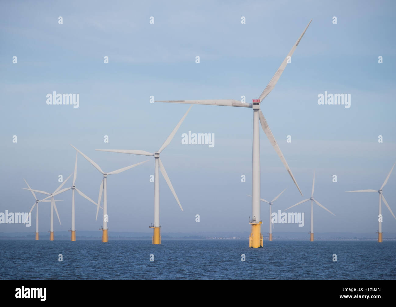 Turbines on the Lincs Offshore Wind Farm, off the coast of Skegness ...