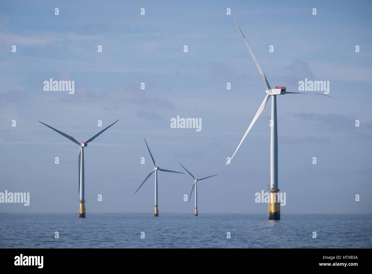 Turbines on the Lincs Offshore Wind Farm, off the coast of Skegness ...