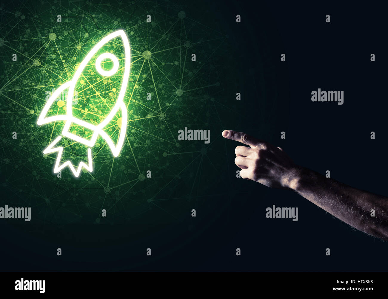 Man palm presenting Rocket web icon as technology concept Stock Photo ...